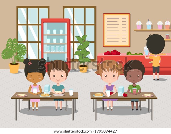 Children Eat School Canteen Vector Cartoon: เวกเตอร์สต็อก (ปลอดค่า ...
