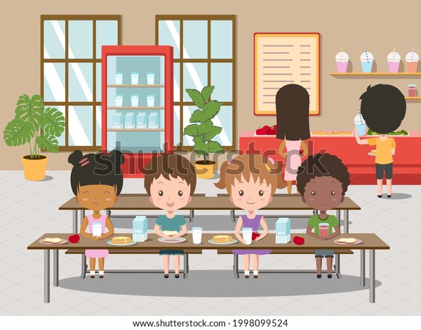 Kinder essen in der Schulkantine. Vektorgrafik: Stock-Vektorgrafik ...