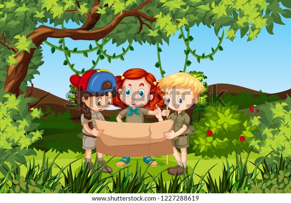 Children Holding Map Forest Scene Illustration Stock Vector (Royalty ...