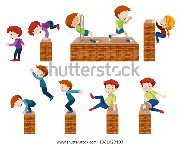 Children Jumping Climbing Over Walls Stock Vector (Royalty Free ...