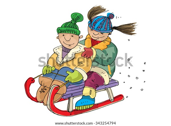 Children On Sled Cartoon Stock Vector (Royalty Free) 343254794