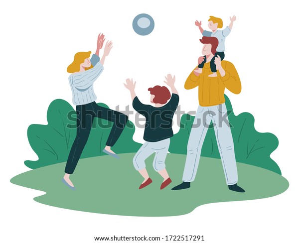 Niños y padres, juego activo fuera, familia jugando voleibol en el ...