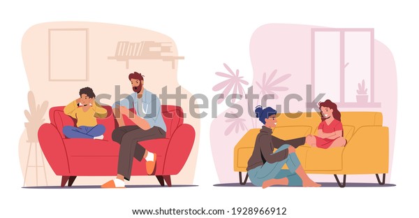 Children and Parents Talking Concept. Father and Mother Characters Talk ...