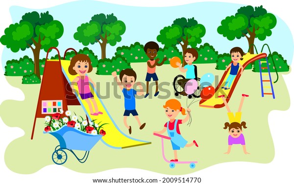 Children Play On Playground Funny Cartoon Stock Vector (Royalty Free ...