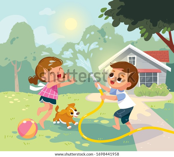 Children play outside. Children having fan. Summer camp activities with ...