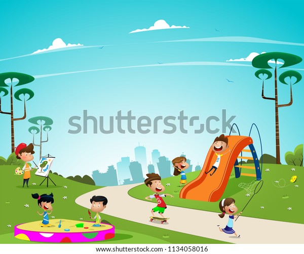 Children Play Playground Weekend Vacation Vector Stock Vector (Royalty ...