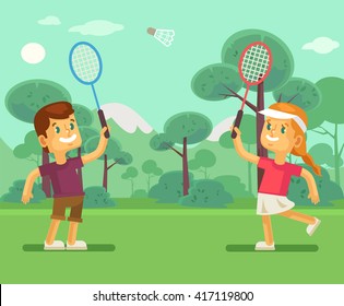 Children Play Tennis Vector Flat Cartoon: เวกเตอร์สต็อก (ปลอดค่า ...