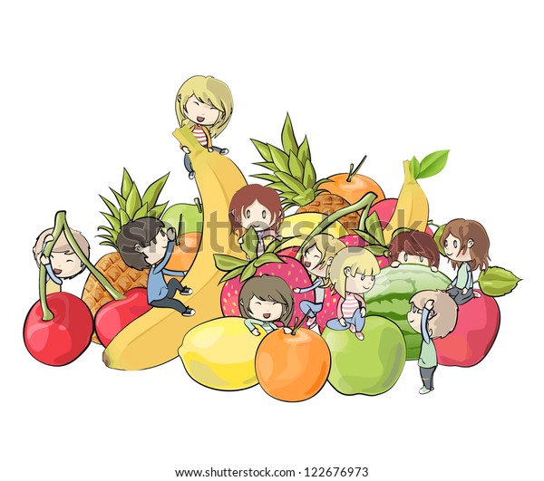 Children Playing Around Fruits Vector Design Stock Vector (Royalty Free ...
