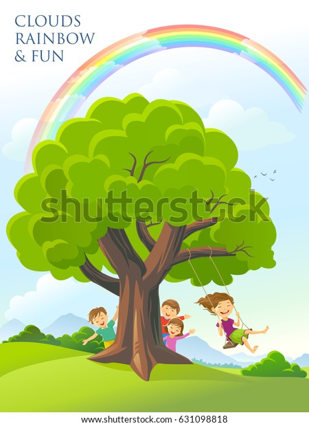 Children Playing Around Tree Rainbow Landscape Stock Vector (Royalty ...