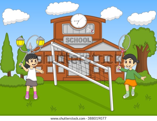 Children Playing Badminton Cartoon Vector Illustration: vetor stock ...