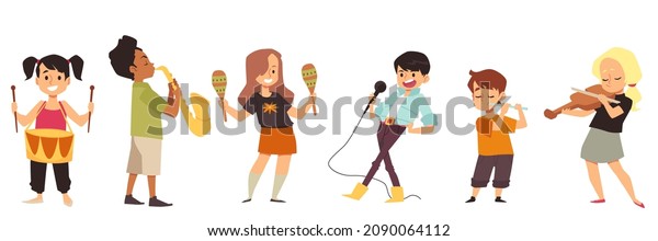 Children Playing Musical Instruments Dancing Flat: เวกเตอร์สต็อก (ปลอด ...