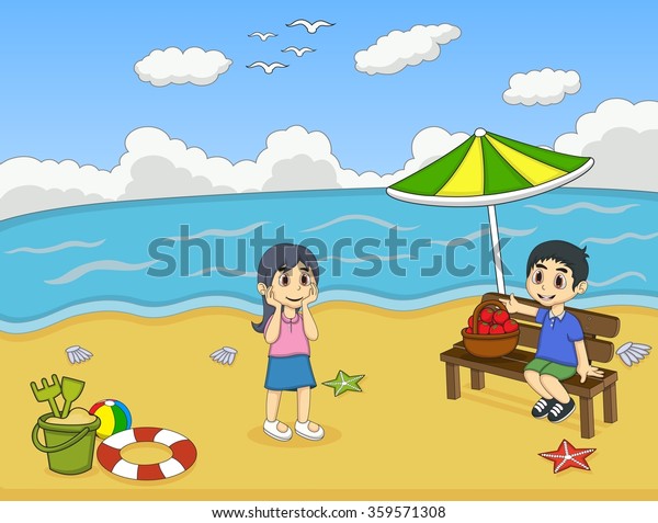 Children Playing On Beach Cartoon Vector Stock Vector (Royalty Free ...