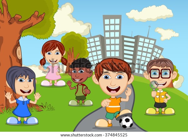 Children Playing Park Cartoon Vector Illustration: เวกเตอร์สต็อก (ปลอด ...
