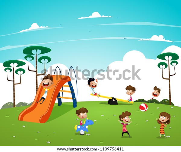 Children Playing Playground Cartoon Vector Illustration: Vector có sẵn ...
