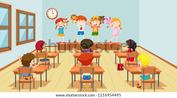 Children Playing Puppets Classroon Scene Illustration Stock Vector ...