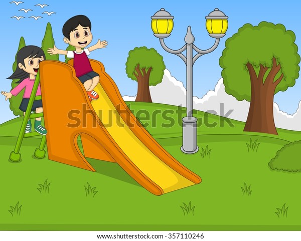Children Playing Slide Park Cartoon Vector Stock Vector (Royalty Free ...
