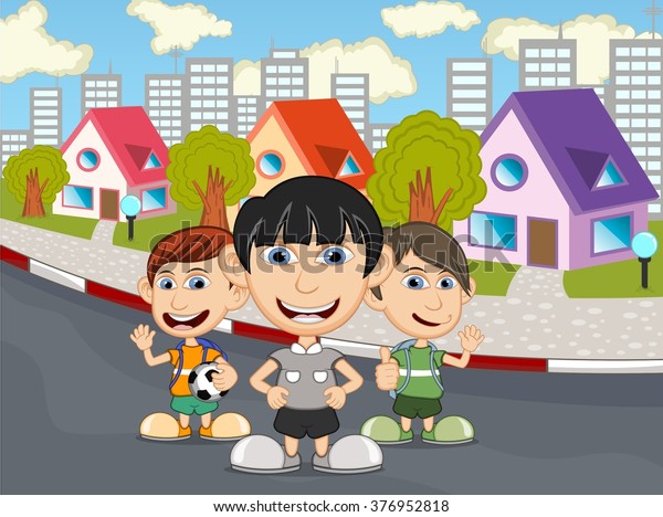 Children Playing Street Cartoon Vector Illustration 스톡 벡터(로열티 프리 ...