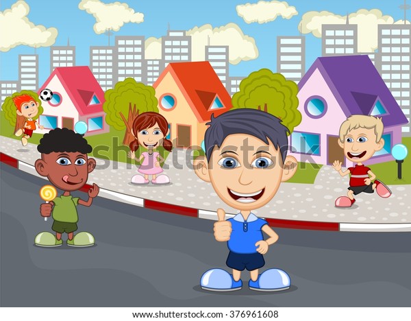 Children Playing Street Cartoon Vector Illustration Stock Vector ...