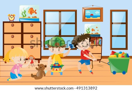 Children Playing Toys Inside Room Illustration Stock Vector (Royalty ...