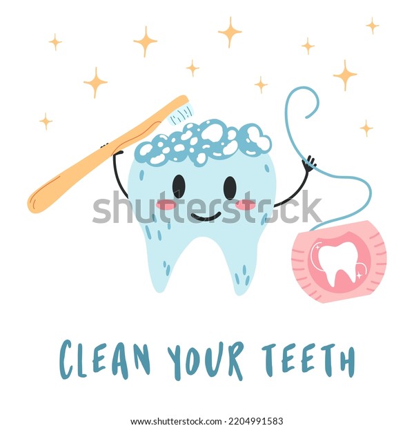 Children Poster Tooth Character Toothbrush Floss Stock Vector (Royalty ...