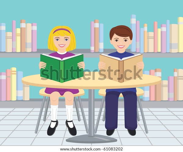 Children Reading Books Library Vector Stock Vector (Royalty Free) 61083202