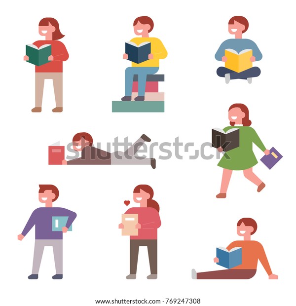 Children Reading Books Various Poses Vector Stock Vector (Royalty Free ...