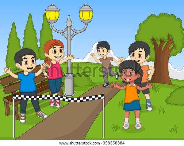 Children Running Park Cartoon Vector Illustration Stock Vector (Royalty ...
