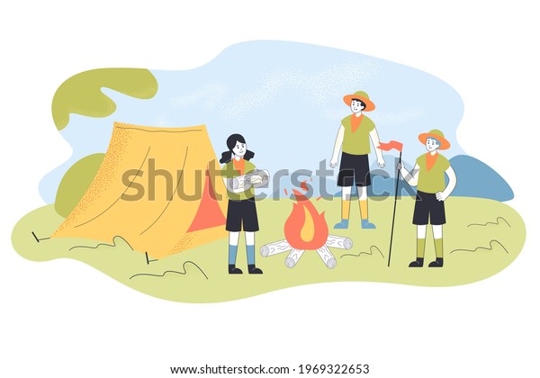 Children Scouts Making Fire Camp Cartoon Stock Vector (Royalty Free ...