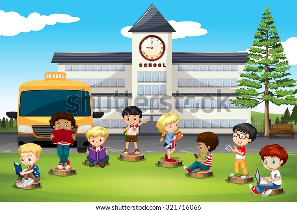 Children Standing Front School Illustration Stock Vector (Royalty Free ...