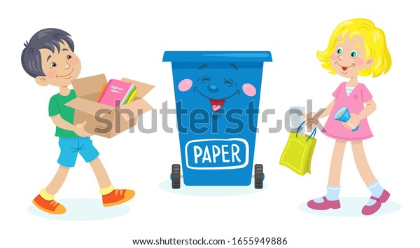 Children throw out paper trash in a blue dustbin for recycling ...
