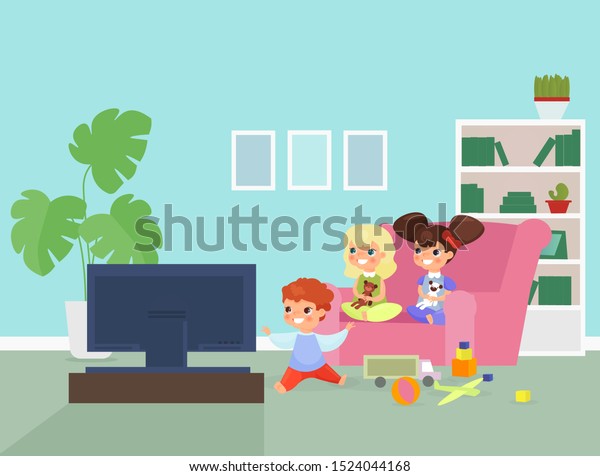 Children Watching Tv Flat Vector Illustration Stock Vector (Royalty ...