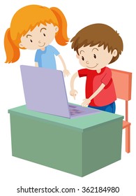 Kids Working On Computer On Desk Stock Vector (Royalty Free) 543420658 ...