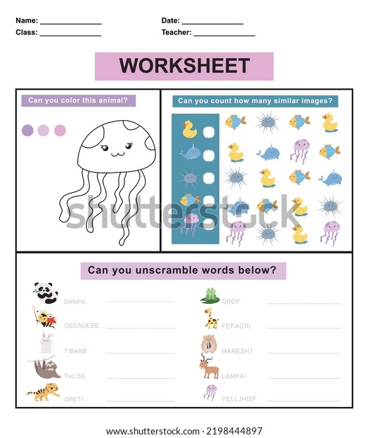 Children Worksheet Animal Theme Educational Activity Stock Vector ...
