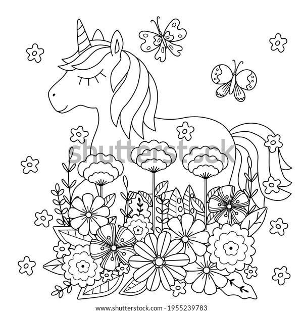 Childrens Coloring Book Cute Unicorn Flowers Stock Vector (Royalty Free ...