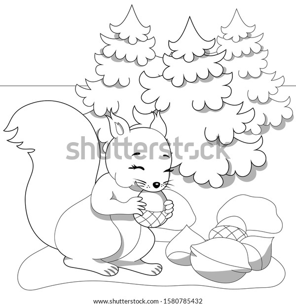 Childrens Coloring Squirrel Nibbles Acorn Nuts Stock Vector (Royalty ...