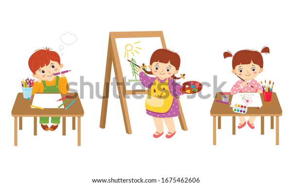 Childrens Creativity Kids Draw Paints Pencils Stock Vector (Royalty ...