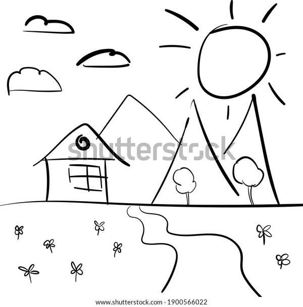 Childrens Drawing Landscape Vector Illustration Stock Vector (Royalty ...