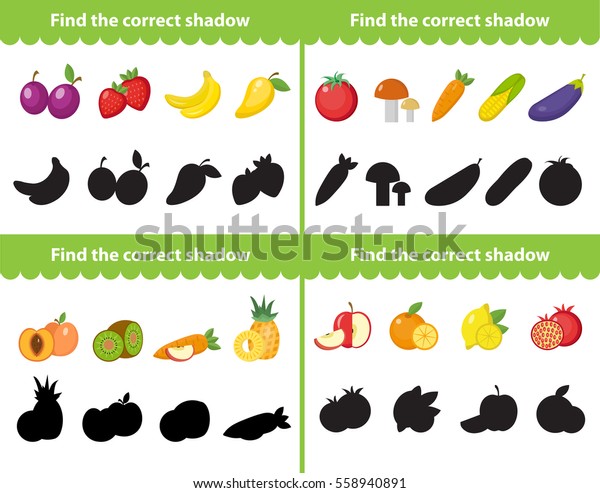 Childrens educational game, find correct shadow silhouette. Items for ...
