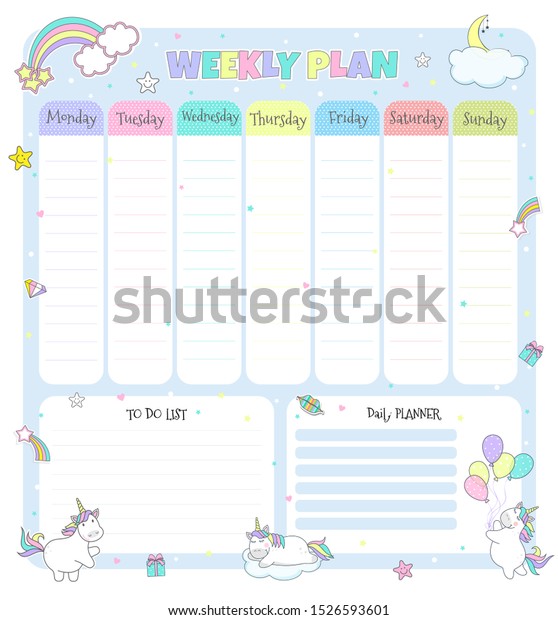 Childrens Weekly Planner Cute Unicorns Vector Stock Vector (Royalty ...