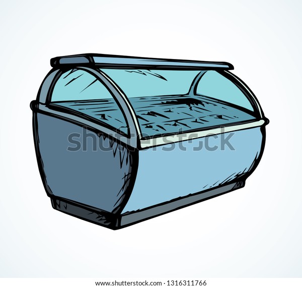 Chiller show icebox shelf stand on light background. Line black hand ...
