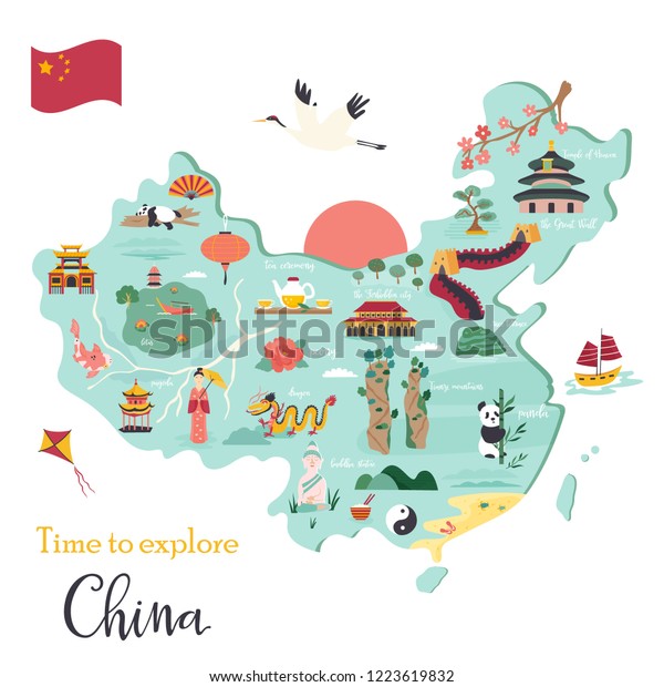 Chinese Cartoon Vector Map Famous Destinations Stock Vector (Royalty ...