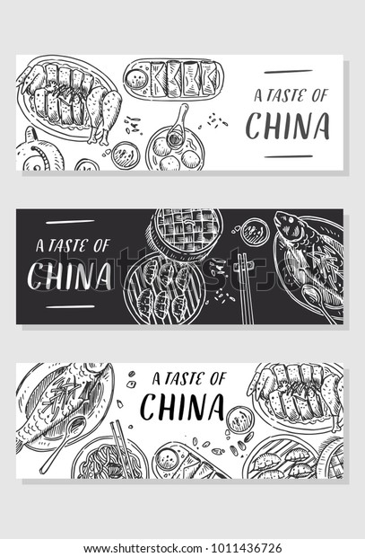 Chinese Food Banner Collection Linear Graphic Stock Vector (Royalty ...