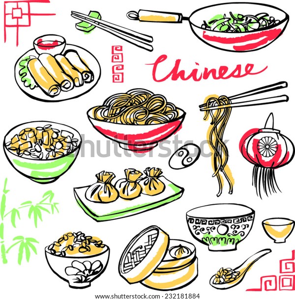 Chinese food icons drawing vector set
