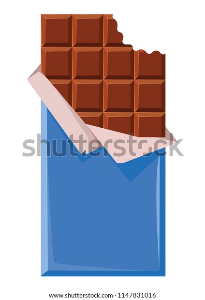 A chocolate bar in a slightly open package. A bite on the chocolate ...