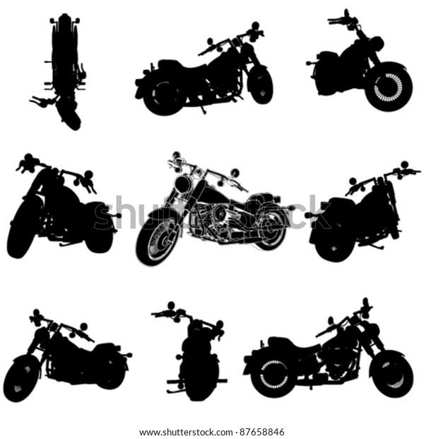 Chopper Motorcycle Silhouette Set Different Perspectives Stock Vector ...
