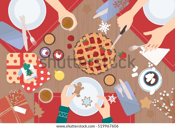 Christmas Dinner On Wood Table Vector Stock Vector (Royalty Free ...