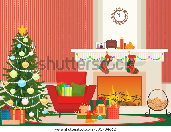 Christmas Livingroom Flat Interior Vector Illustration Stock Vector ...