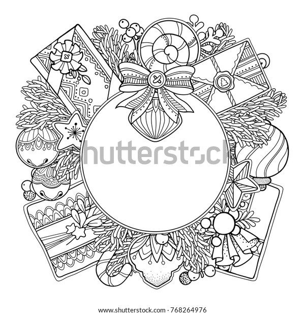 Christmas Round Frame Doodle Style Floral Stock Vector (Royalty Free ...