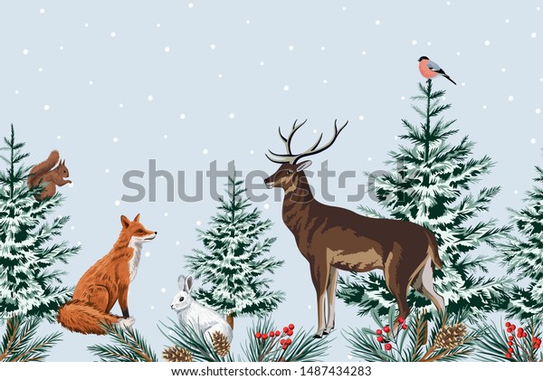 Christmas Trees Red Fox White Rabbit Stock Vector (Royalty Free ...
