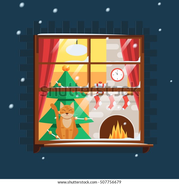 Christmas Window Christmas Tree Fireplace Cat Stock Vector (Royalty ...
